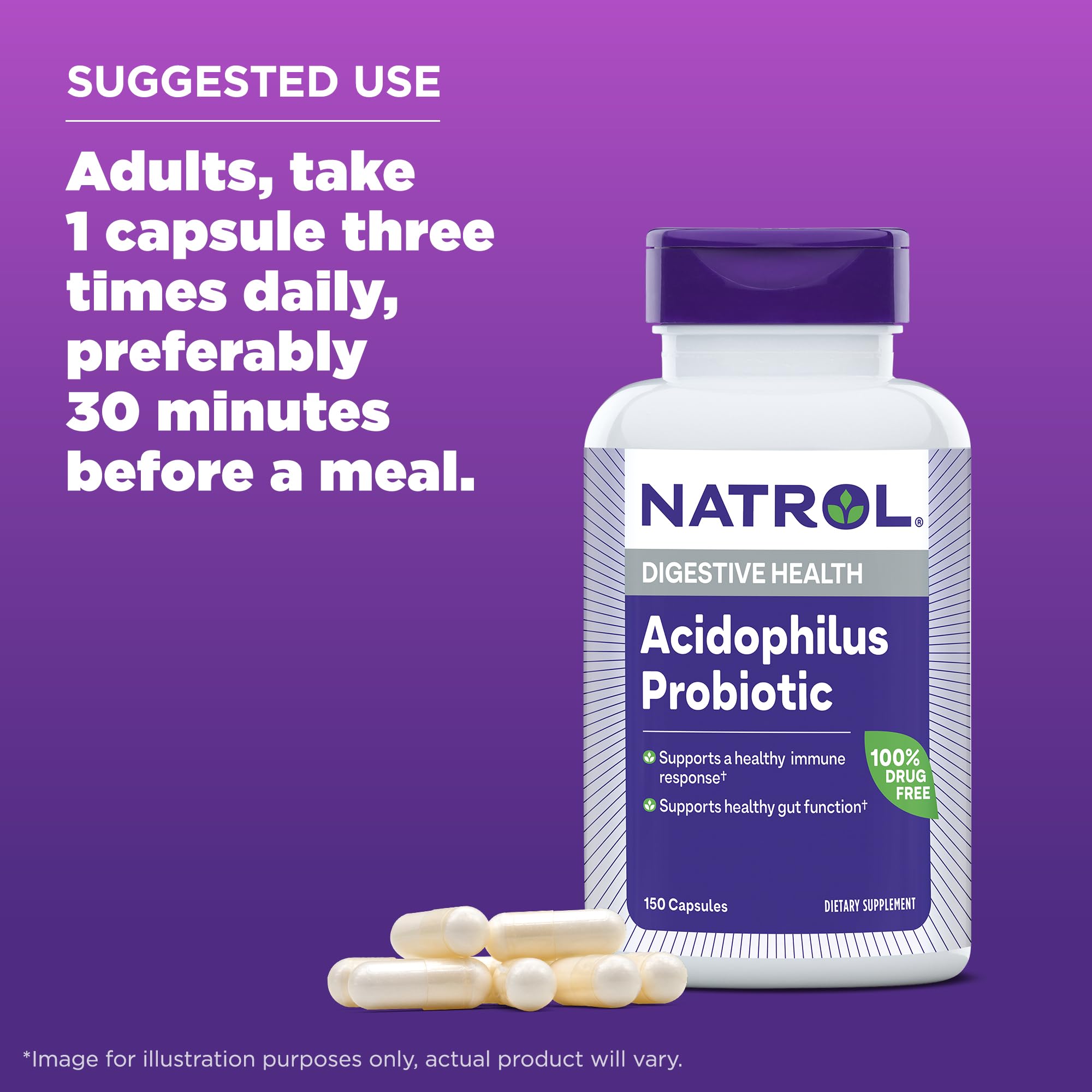 Natrol Acidophilus Probiotic 100 mg, Dietary Supplement for Healthy Gut Function, Digestive Health Capsules for Adults, 150 Capsules, Up to a 50 Day Supply