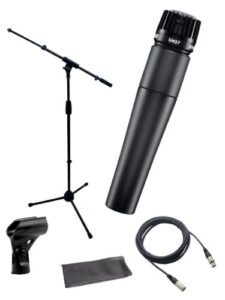 shure sm57-lc instrument/vocal cardioid dynamic microphone bundle with mic boom stand, xlr cable, mic clip, and bag