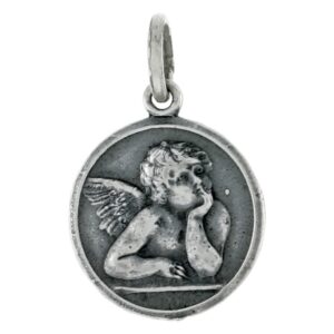 sterling silver round-shaped pendant cherub angel, 9/16 inch tall