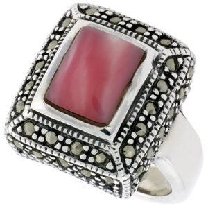 sterling silver marcasite ring for women 10x8 mm rectangular pink mother of pearl antiqued 3/4 inch