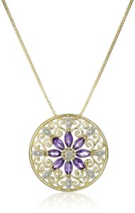 amazon essentials 18k women yellow gold plated sterling silver genuine amethyst and diamond accent filigree mandala pendant necklace, 18" (previously amazon collection)