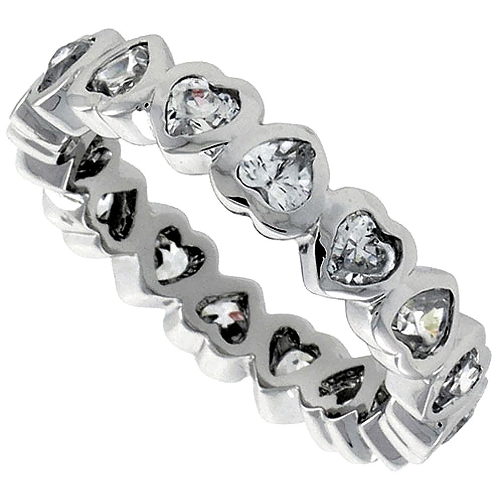 Sterling Silver Cubic Zirconia Eternity Band Ring Heart-shaped 3x3mm Rhodium finish size 6