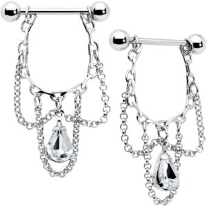 body candy stainless steel clear teardrop chain dangle nipple ring set of 2 14 gauge 5/8"