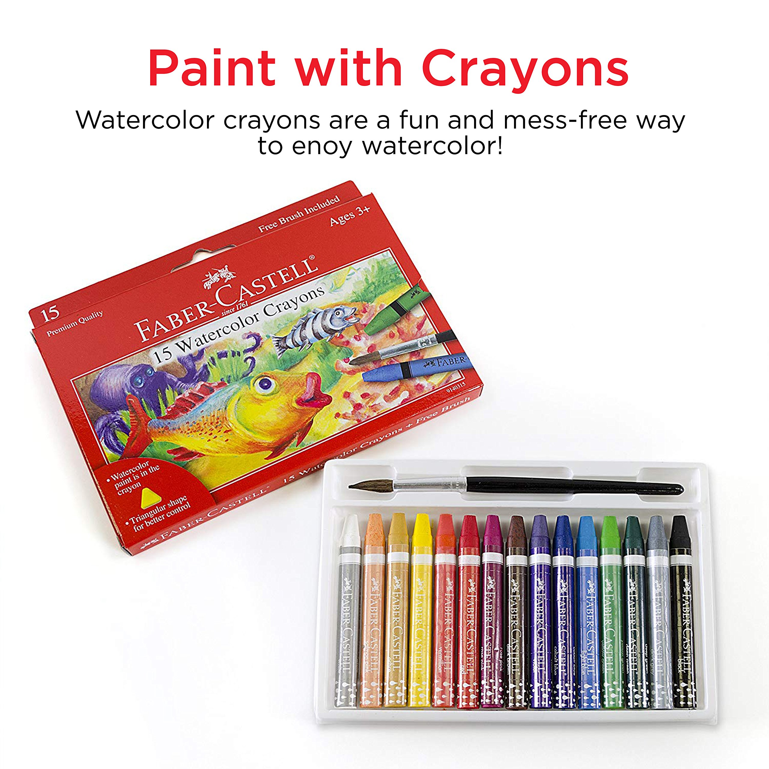 Faber-Castell Watercolor Crayons with Brush, 15 Colors - Premium Quality Art Supplies for Kids