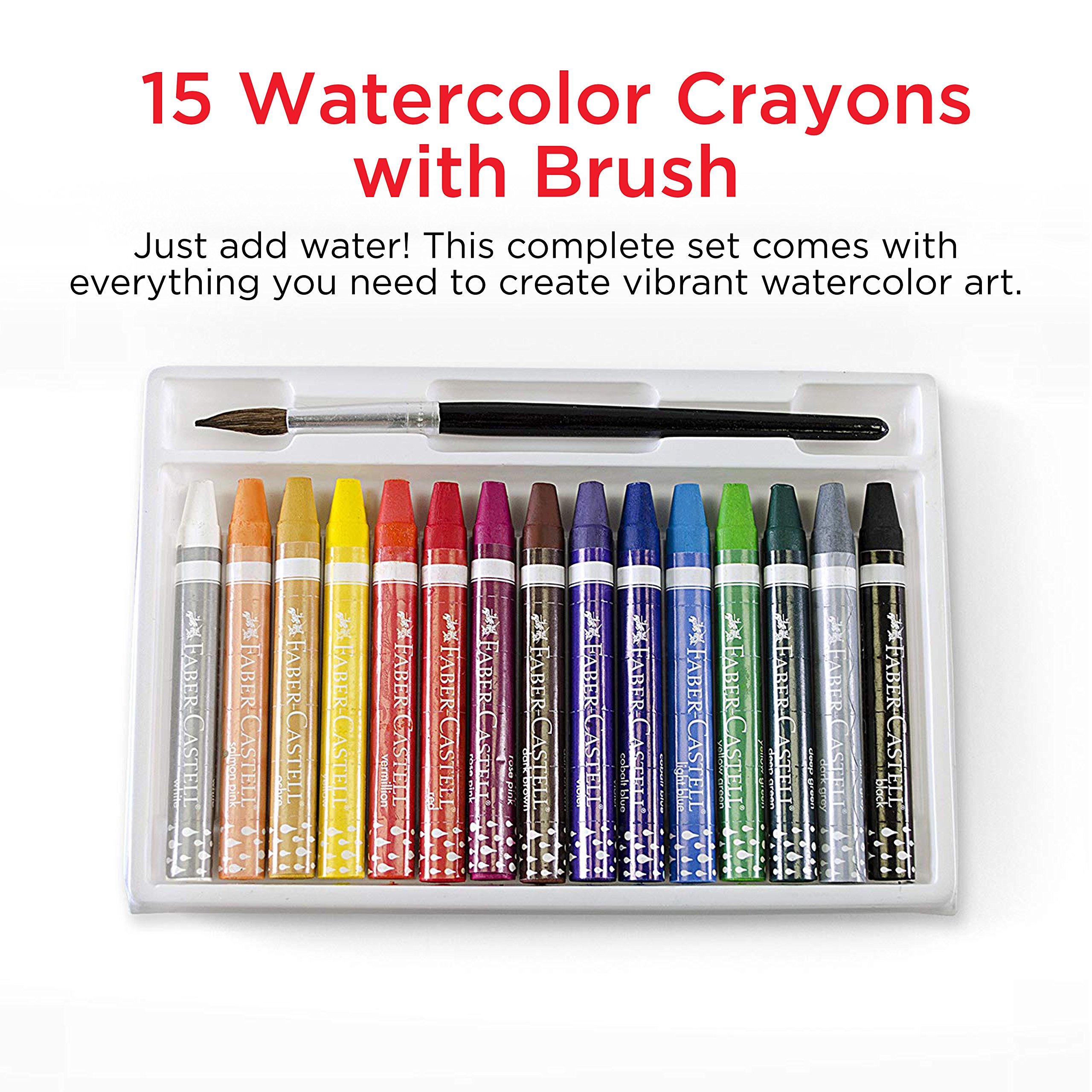 Faber-Castell Watercolor Crayons with Brush, 15 Colors - Premium Quality Art Supplies for Kids