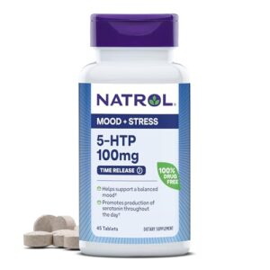 natrol 5-htp time release tablets, promotes a calm relaxed mood, helps maintain a positive outlook, enables production of serotonin, drug-free, controlled release, maximum strength, 100mg, 45 count