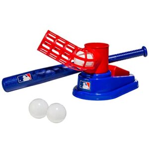 franklin sports kids baseball pitching machine - pop a pitch baseball batting machine with youth bat + 3 plastic baseballs - boys + girls baseball toy,red/blue