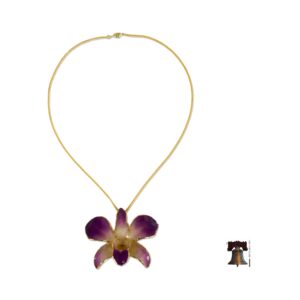 NOVICA Artisan Handmade Natural Orchid Brooch Pin Necklace Gold Plated Flower Pendant Leaf No Stone Thailand Floral [17.75 in L Pendant(s) 2.2 in L x 2.6 in W x 1.1 in D] ' Orchid Fantasy'