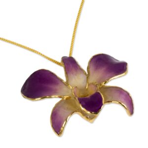 NOVICA Artisan Handmade Natural Orchid Brooch Pin Necklace Gold Plated Flower Pendant Leaf No Stone Thailand Floral [17.75 in L Pendant(s) 2.2 in L x 2.6 in W x 1.1 in D] ' Orchid Fantasy'