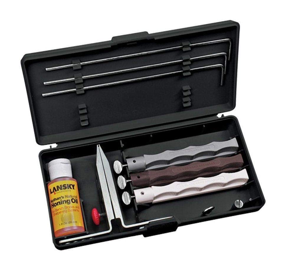 Lansky Natural Arkansas Sharpening System: Natural 3-Stone Arkansas Knife Sharpening Kit with Honing Oil- LKNAT