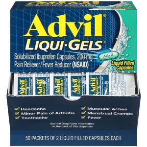 advil liqui-gels pain reliever and fever reducer, pain medicine for adults with ibuprofen 200mg for headache, backache, menstrual pain and joint pain relief - 50x2 liquid filled capsules