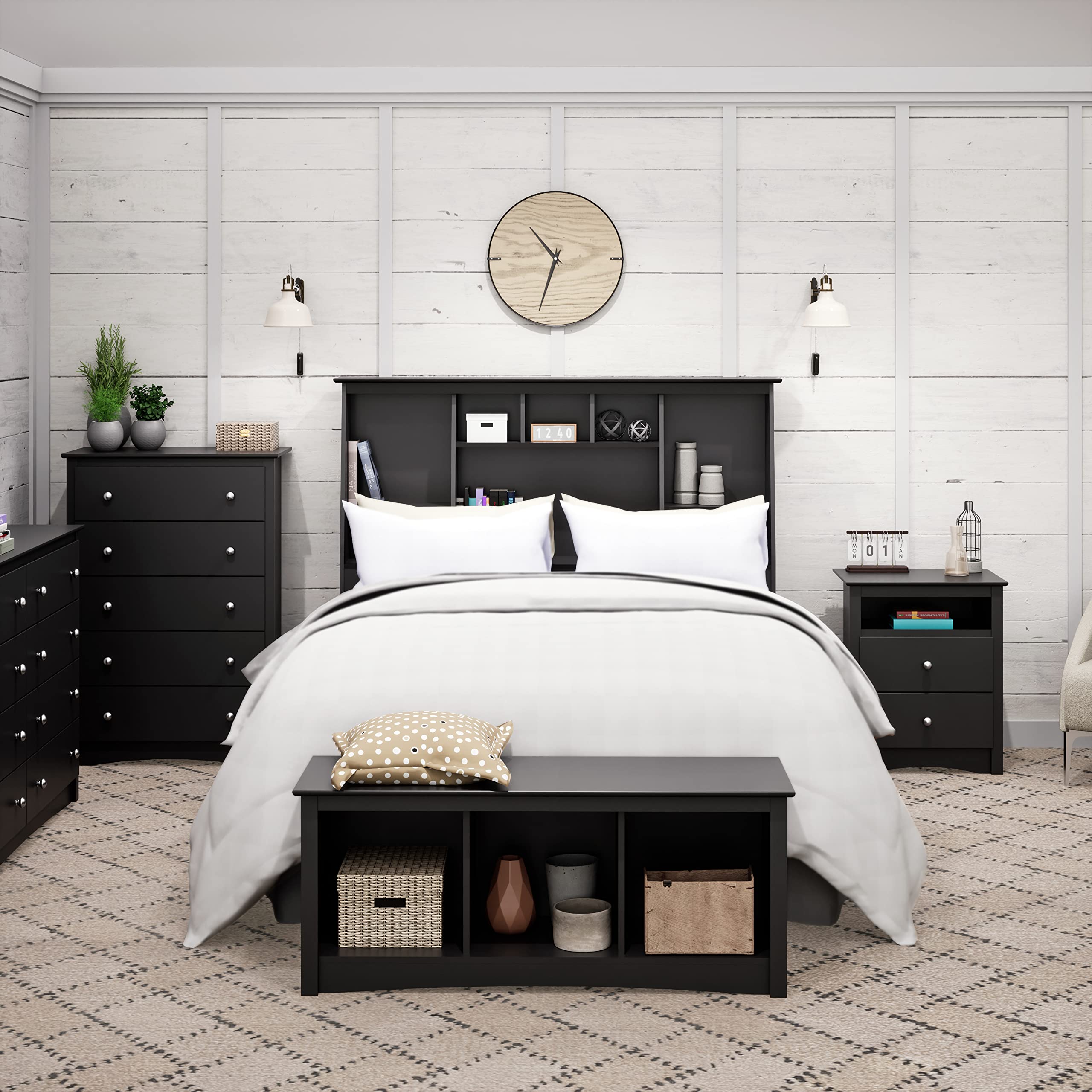 Prepac Sonoma Traditional Full/Queen Headboard with Slant-Back Bookcase, Functional Tall Bookcase Headboard 10.25" D x 65.75" W x 55.75" H, Black, BSH-6656