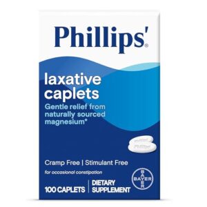 phillips' laxative caplets, with naturally sourced magnesium supplement for gentle relief of occasional constipation, cramp and stimulant free laxatives, 100 caplets