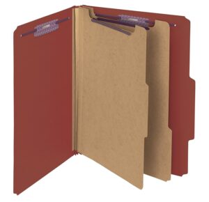 smead pressboard classification file folder with safeshield fasteners, 2 dividers, 2" expansion, letter size, red, 10 per box (14075)