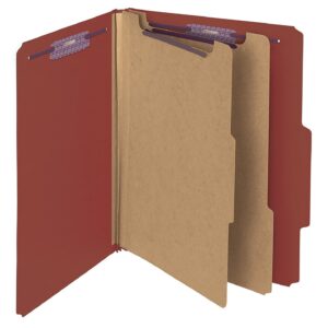 Smead Pressboard Classification File Folder with SafeSHIELD Fasteners, 2 Dividers, 2" Expansion, Letter Size, Red, 10 per Box (14075)