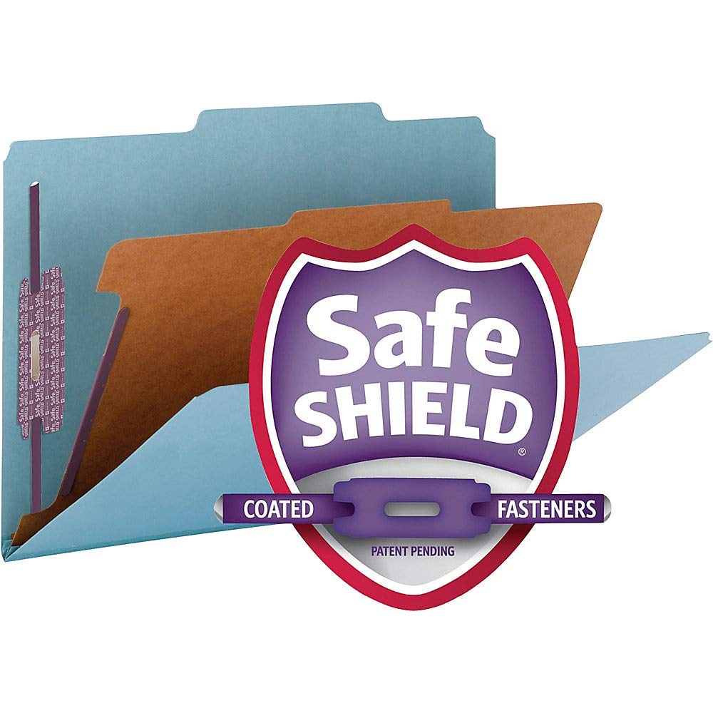 Smead Pressboard Classification File Folder with SafeSHIELD Fasteners, 1 Divider, 2" Expansion, Legal Size, Blue, 10 per Box (18730)