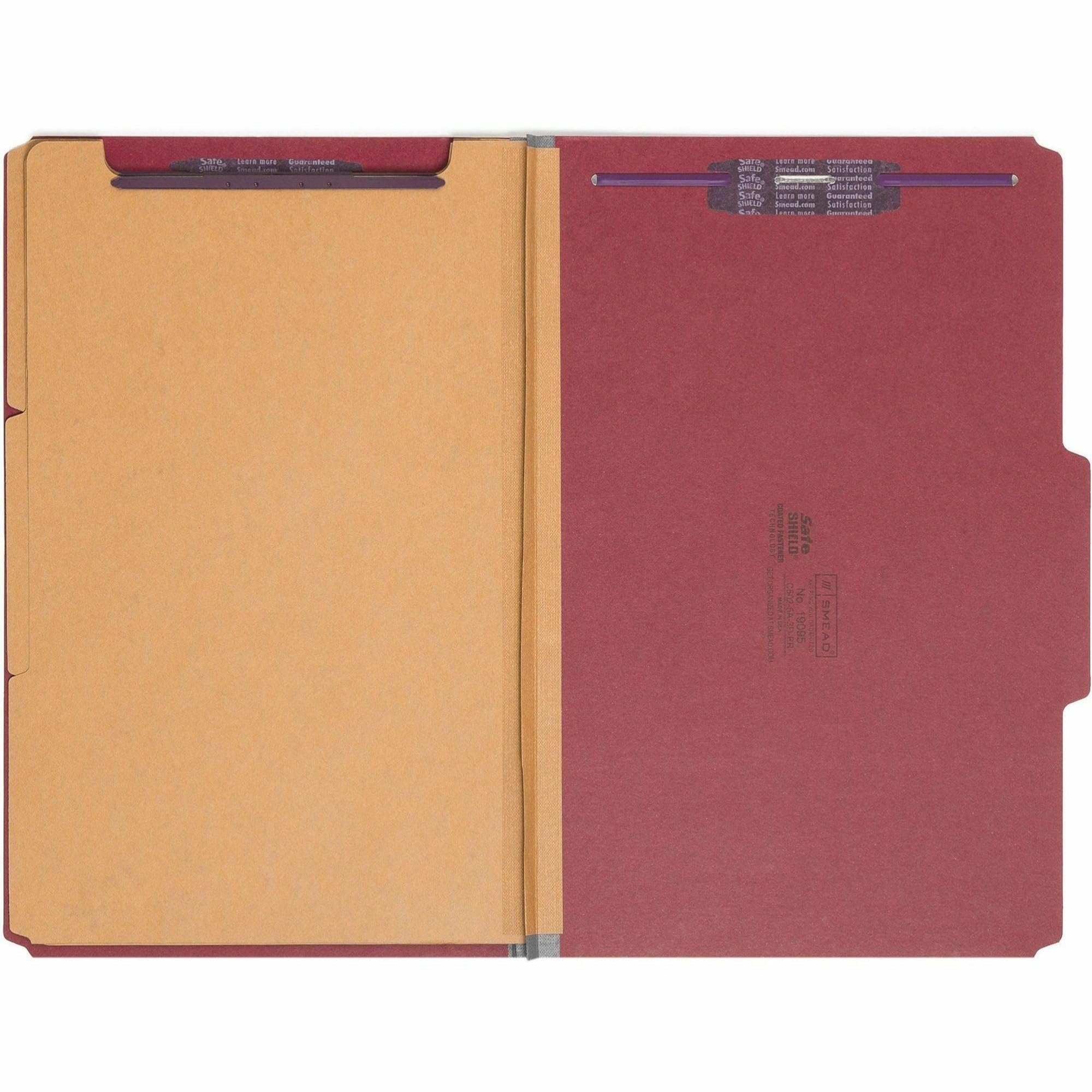 Smead Pressboard Classification File Folder with SafeSHIELD Fasteners, 3 Dividers, 3" Expansion, Legal Size, Bright Red, 10 per Box (19095)