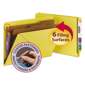 smead 100% recycled end tab pressboard classification file folder with safeshield fasteners, 2 dividers, 2" expansion, legal size, yellow, 10 per box (29789)