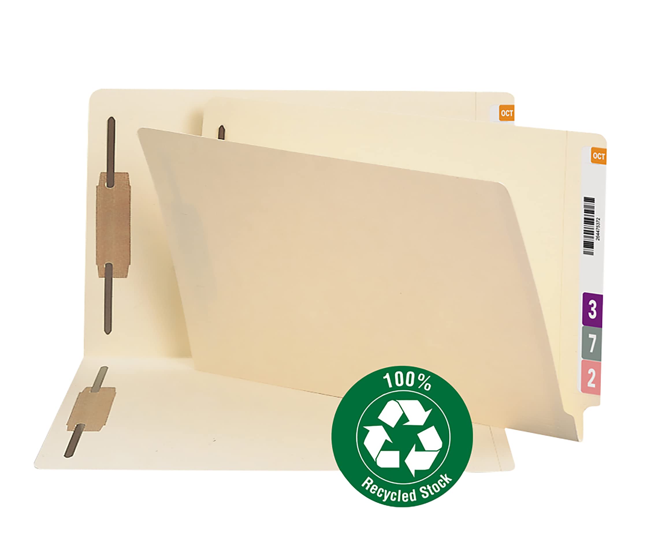 Smead 100% Recycled End Tab Fastener File Folder, Shelf-Master Reinforced Straight-Cut Tab, 2 Fasteners, Legal Size, Manila, 50 per Box (37160)