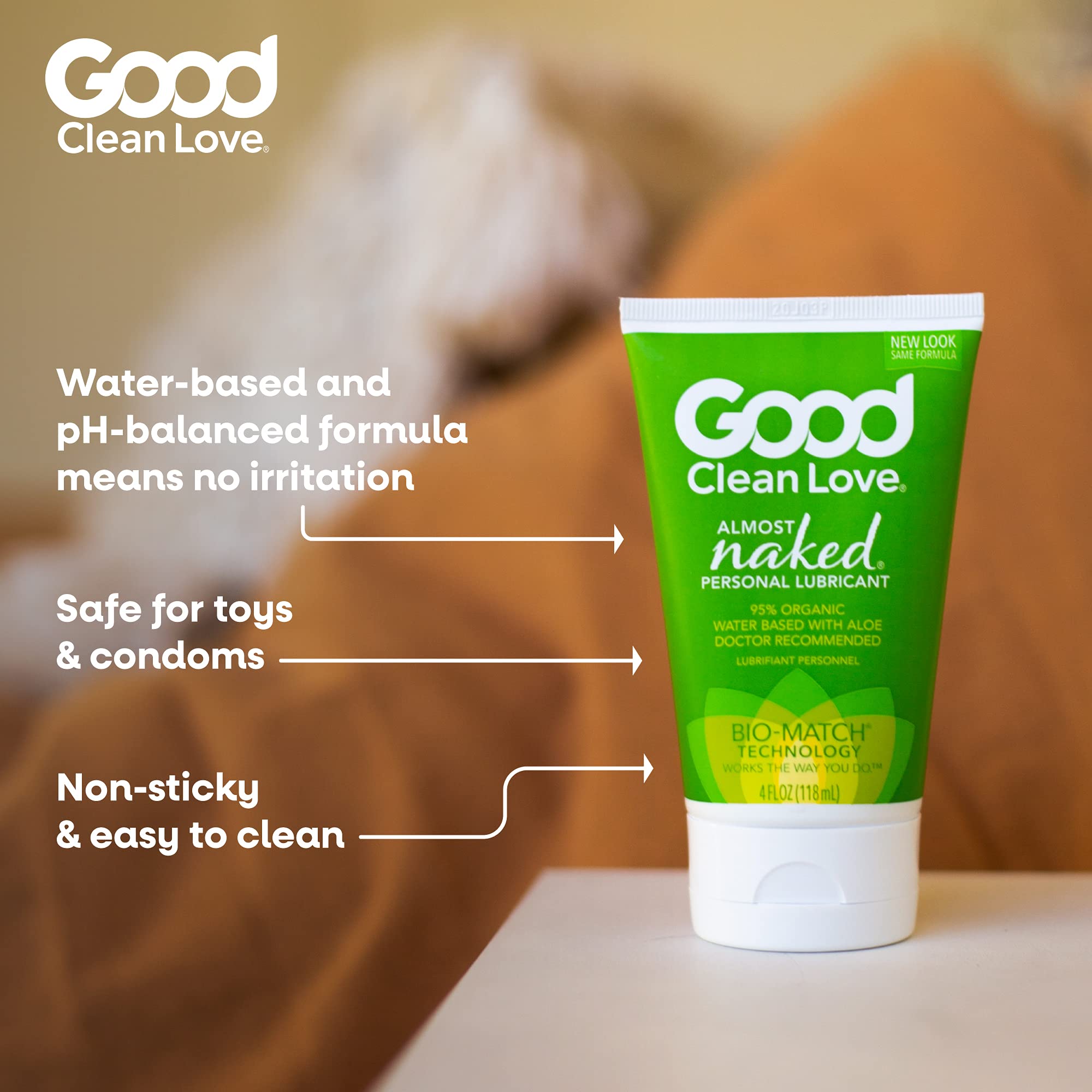 Good Clean Love Almost Naked Personal Lubricant, Organic Water-Based Lube with Aloe Vera, Safe for Toys & Condoms, Intimate Wellness Gel for Men & Women, 4 Oz