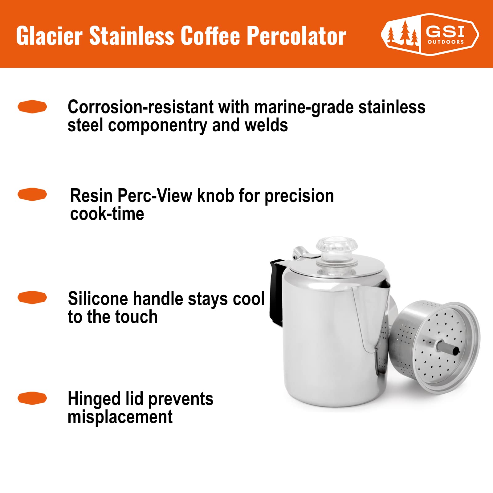 GSI Outdoors Percolator Coffee Pot I Glacier Stainless Steel with Silicone Handle for Camping, Backpacking, Travel, RV & Hunting - Stove Safe - 3 Cup