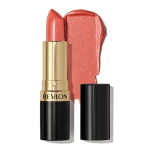 revlon lipstick, super lustrous lipstick, creamy formula for soft, fuller-looking lips, moisturized feel in reds & corals, peach me (628) 0.15 oz