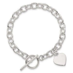 925 Sterling Silver Polished Flat back Engravable Dangling Love Heart Charm Bracelet 7.25 Inch Toggle Measures 14mm Wide Jewelry for Women