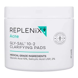 replenix gly-sal 10-2 clarifying pads, medical-grade exfoliating cleansing wipes for acne-prone skin, oil-free facial treatment with witch hazel, 10% glycolic & 2% salicylic acids (60 ct.)