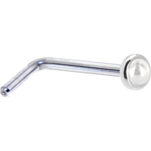 body candy solid 14k white gold 2mm white cultured pearl l shaped nose stud ring 20 gauge 1/4"