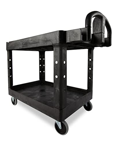 Rubbermaid Commercial Products Heavy-Duty 2-Shelf Rolling Utility Cart with Ergonomic Handle, Lipped Shelves, Large, Black Perfect for Office, Classroom or Home Use (FG454600BLA)