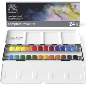 winsor & newton professional watercolor paint set, lightweight metal box, 24 half pans