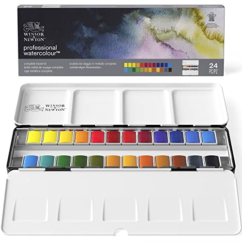 Winsor & Newton Professional Watercolor Paint Set, Lightweight Metal Box, 24 Half Pans