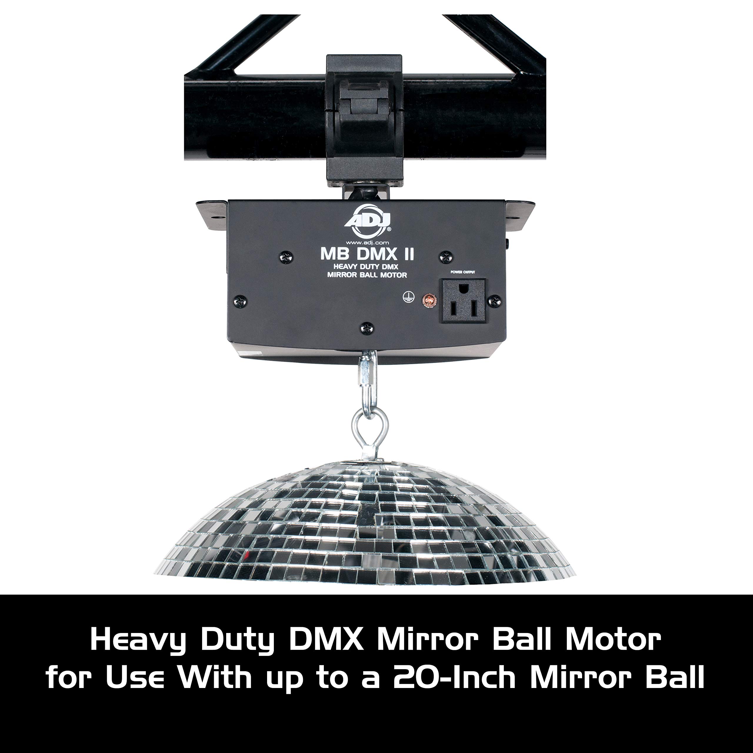 American DJ DMX controllable heavy duty mirror ball motor 20 inch mirror ball max also has on off switchable outlet for pinspots