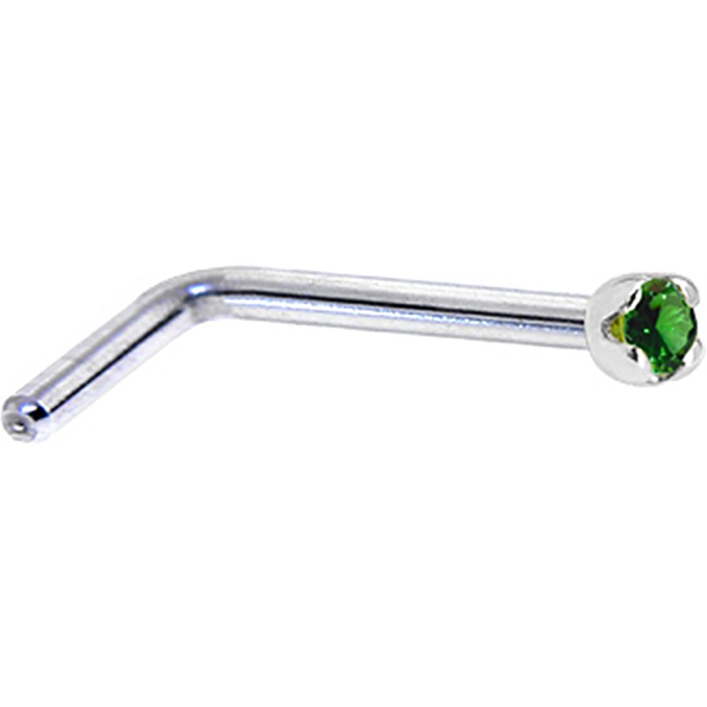 Body Candy Solid 18k White Gold 1.5mm Genuine Emerald L Shaped Nose Stud Ring 20 Gauge 1/4"