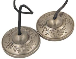 2.25” diameter tibetan tingsha bell cymbals set - om nama shivay embossed chimes - great for yoga, meditation, spiritual, mindfulness or relaxation - handmade in nepal