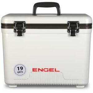 engel uc19 19qt leak-proof, air tight, drybox cooler and small hard shell lunchbox for men and women in white