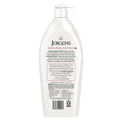 Jergens Original Scent Dry Skin Lotion, Body and Hand Moisturizer for Long Lasting Skin Hydration, with HYDRALUCENCE blend and Cherry Almond Essence, 32 Ounce