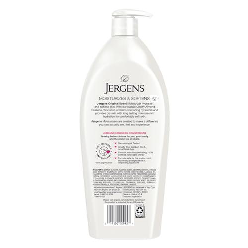 Jergens Original Scent Dry Skin Lotion, Body and Hand Moisturizer for Long Lasting Skin Hydration, with HYDRALUCENCE blend and Cherry Almond Essence, 32 Ounce