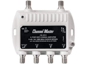 channel master ultra mini 4 tv antenna amplifier, tv antenna signal booster with 4 outputs for connecting antenna or cable tv to multiple televisions (cm-3414),white