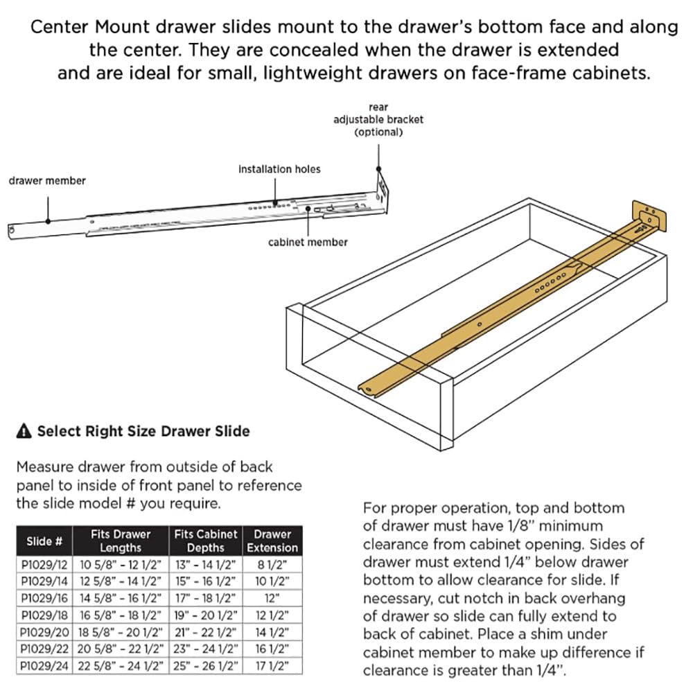 Hickory Hardware Bottom Centered Drawer Mount,Not Compatible with Side Mount Drawers,Heavy Duty Center Drawer Slide for Cabinet & Dresser Drawers,Easy Open & Soft Close Glide Track,16 Inch,P1029/16-2C