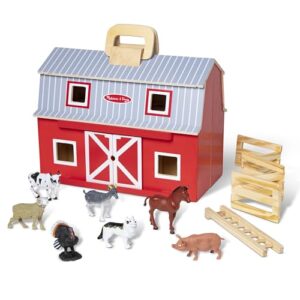 melissa & doug fold and go wooden barn with 7 animal play figures - farm animals portable toys for kids and toddlers ages 3+