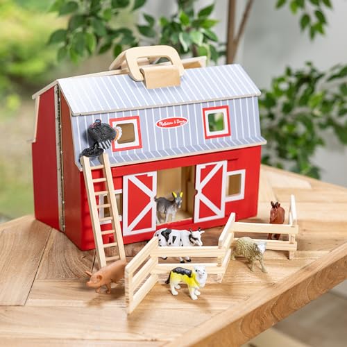 Melissa & Doug Fold and Go Wooden Barn With 7 Animal Play Figures - Farm Animals Portable Toys For Kids And Toddlers Ages 3+