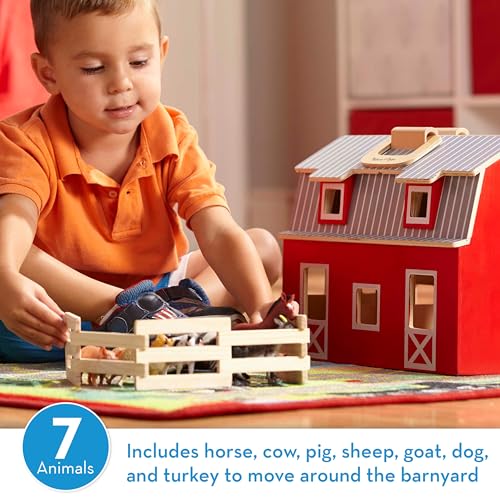 Melissa & Doug Fold and Go Wooden Barn With 7 Animal Play Figures - Farm Animals Portable Toys For Kids And Toddlers Ages 3+