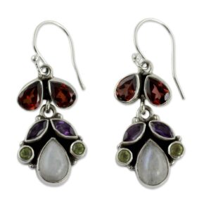 novica artisan handmade amethyst moonstone chandelier earrings .925 sterling silver multigem from india garnet peridot clear green multicolor purple red dangle birthstone 'rainbow'