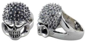 sterling silver gothic biker skull ring w/spikes, 1 1/16 inch wide, size 9