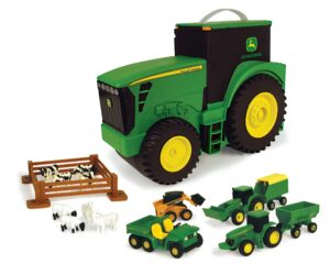 john deere value set and carrying case - portable tractor-shaped carrying case with 10 compartments - farm toys - 18 count - 3 years and up,black/ green/ yellow