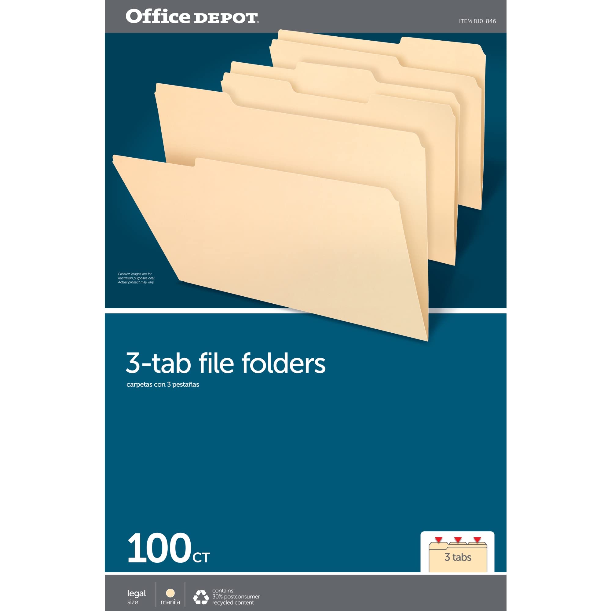 Office Depot File Folders, 1/3 Cut, Legal Size, 30% Recycled, Manila, Pack of 100, 810846