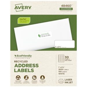 avery ecofriendly recycled address labels, 1" x 2-5/8", white, permanent label adhesive, 3,000 printable labels (48460)