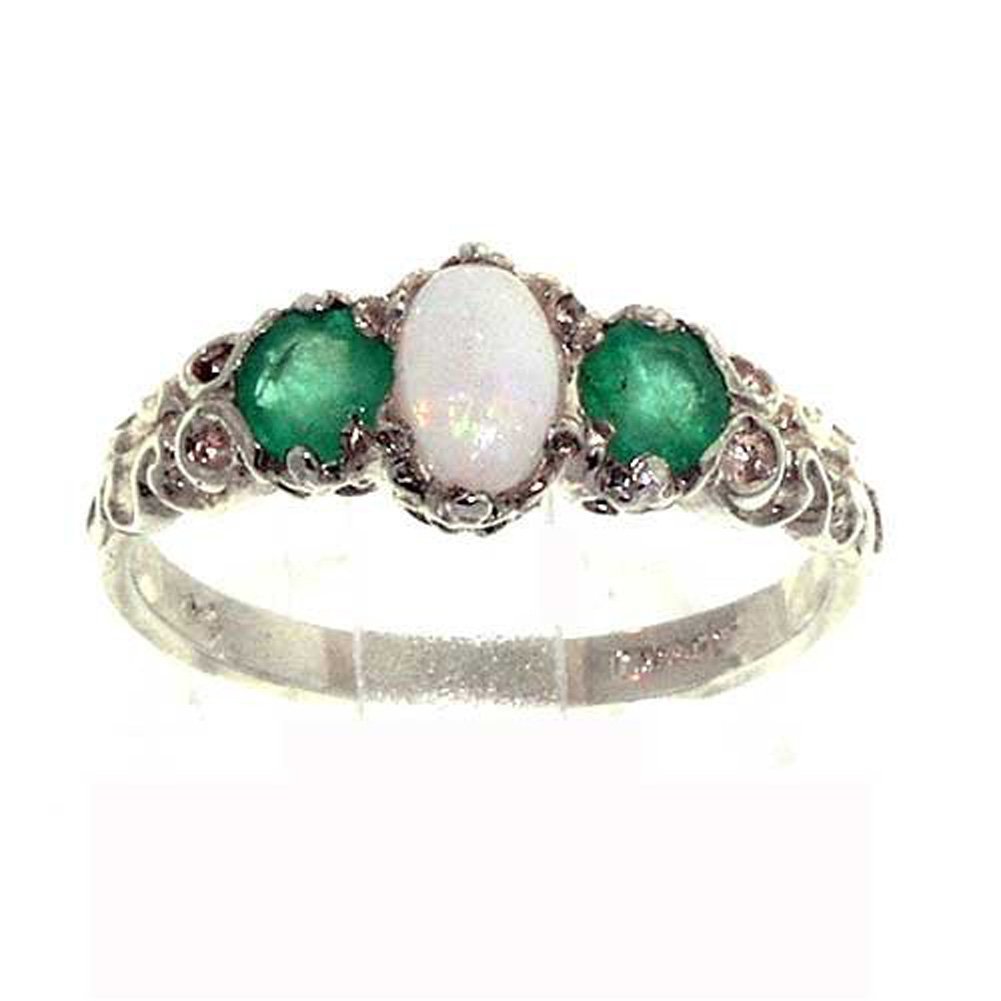 LetsBuyGold 925 Sterling Silver Real Genuine Opal and Emerald Womens Band Ring - Size 7