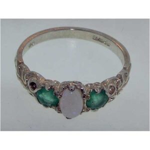 LetsBuyGold 925 Sterling Silver Real Genuine Opal and Emerald Womens Band Ring - Size 7